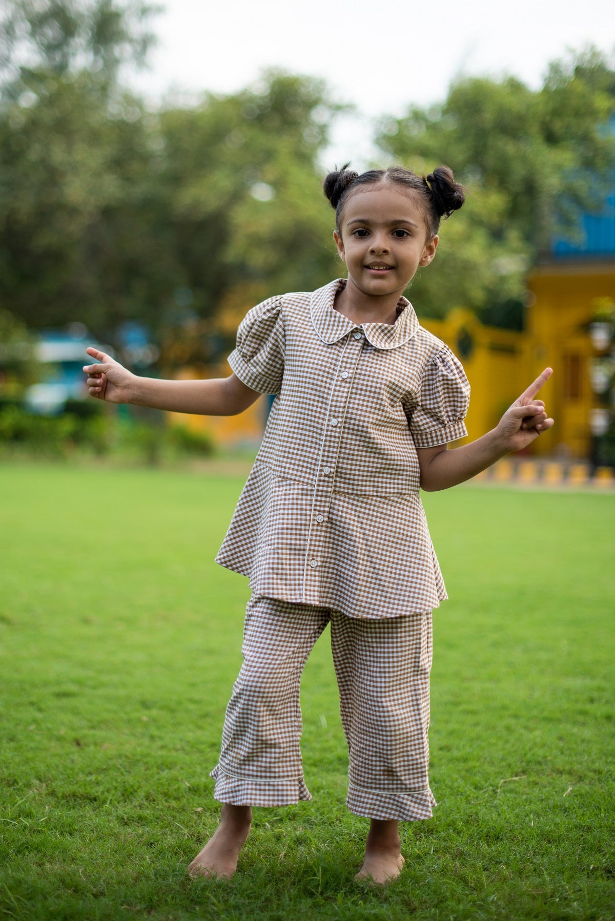 Brown Gingham Check Night Suit | Night Dress for Girl | White Dahlia