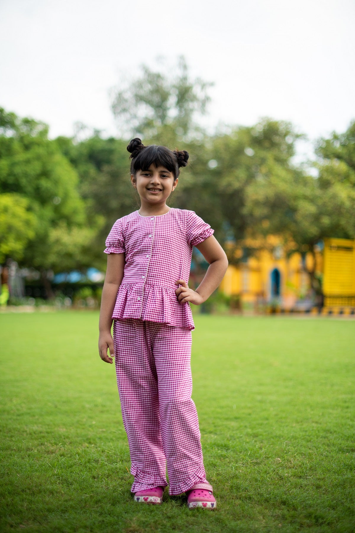 Pink Gingham Check Night Suit | Night Dress for 10 Years Girls | White ...